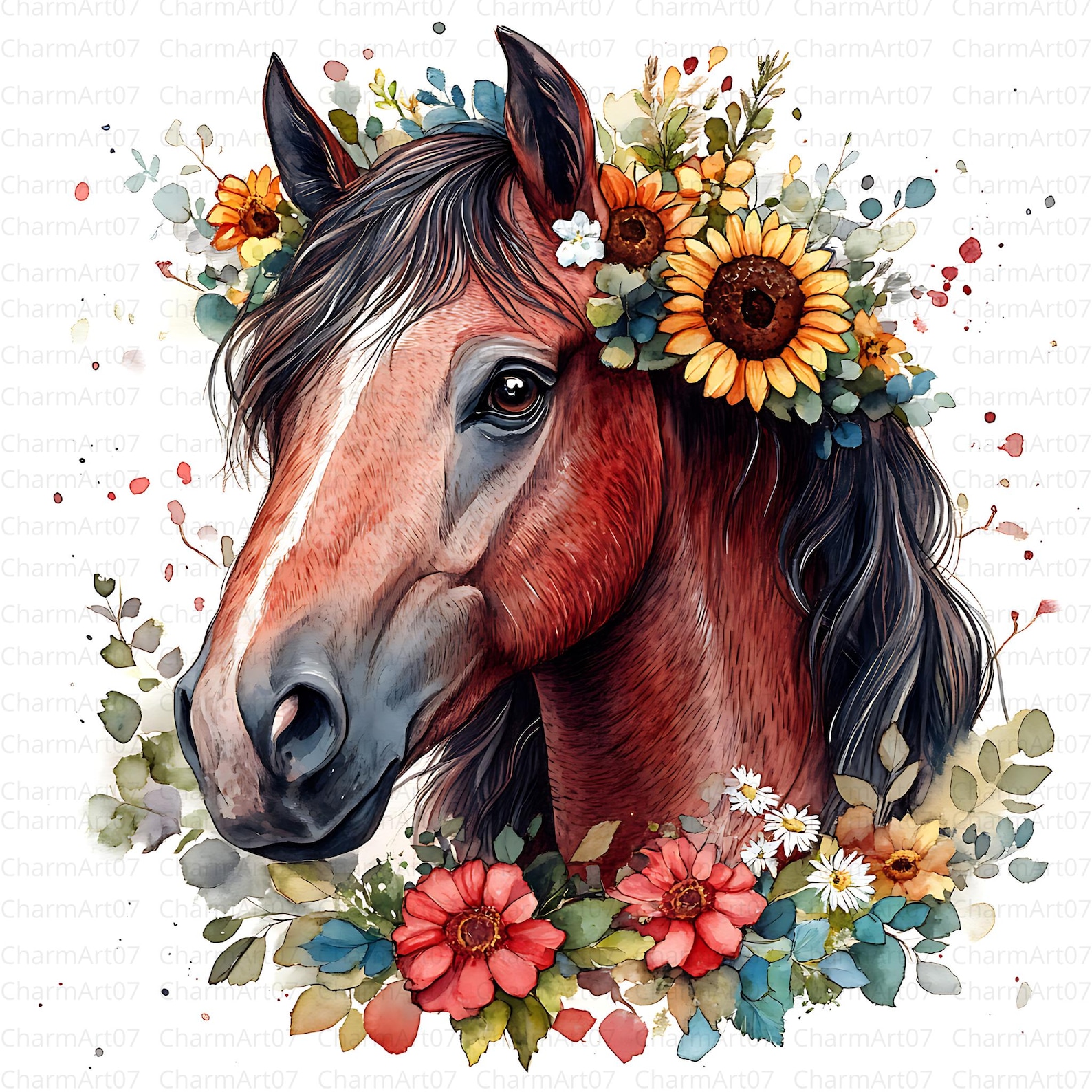 26 Floral Horse Face Clipart, Printable Watercolor Clipart, High ...