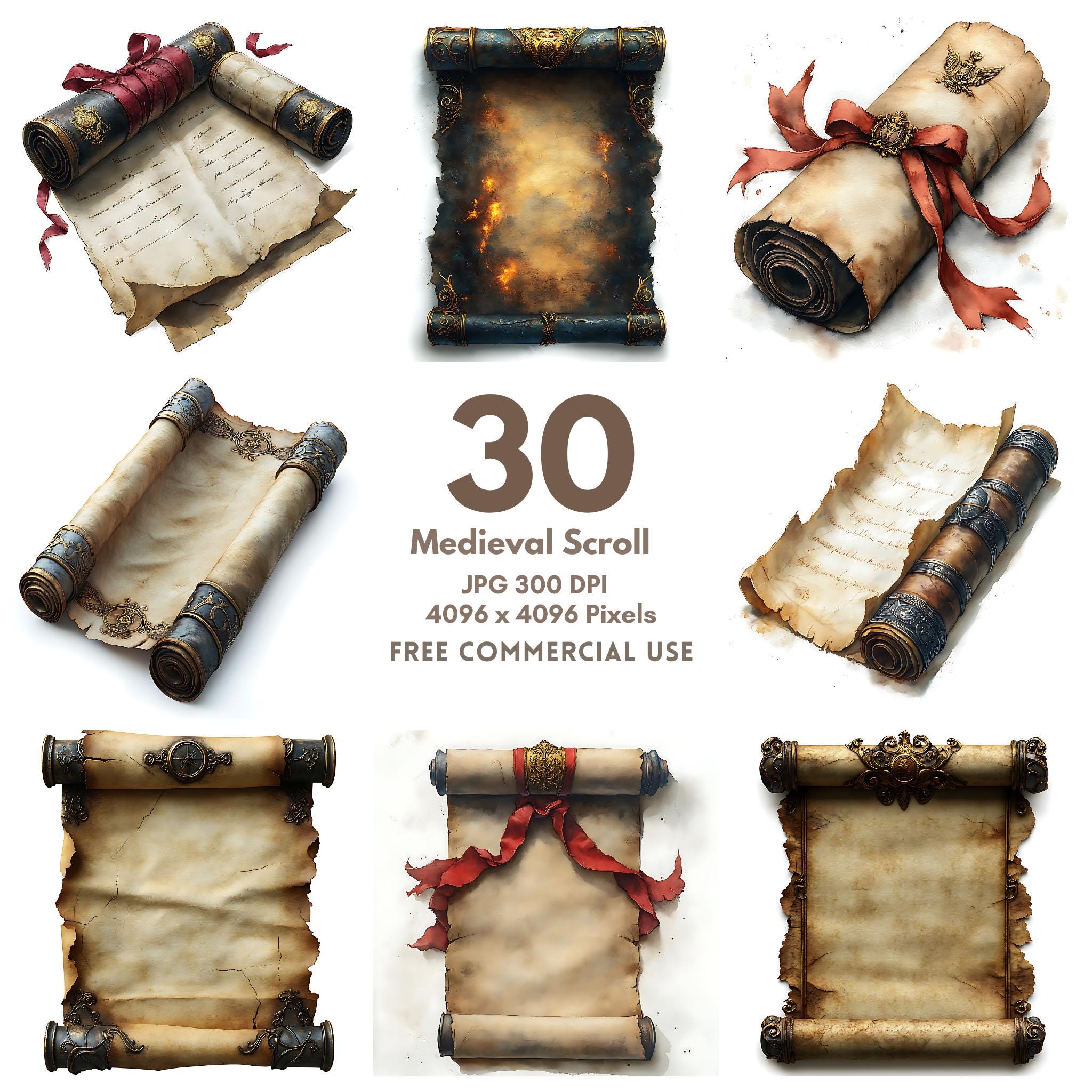 30 Medieval Scroll Clipart, Vintage Scroll, Printable Watercolor ...