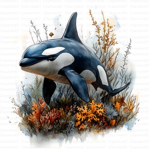 20 Watercolor Killer Whale Clipart Ocean Clipart, PNG 300 DPI, Digital ...