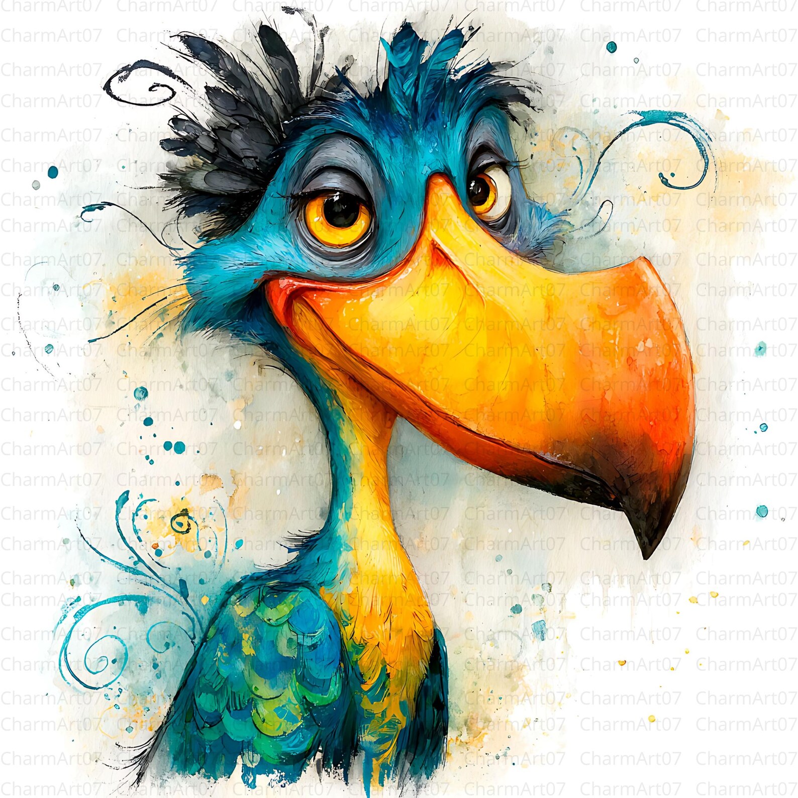 Whimsical Birds Clipart: Watercolor Style, Funny Bird Illustrations ...