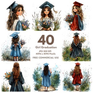 40 Girl Graduation Clipart, Watercolor Graduation Clipart, Student ...
