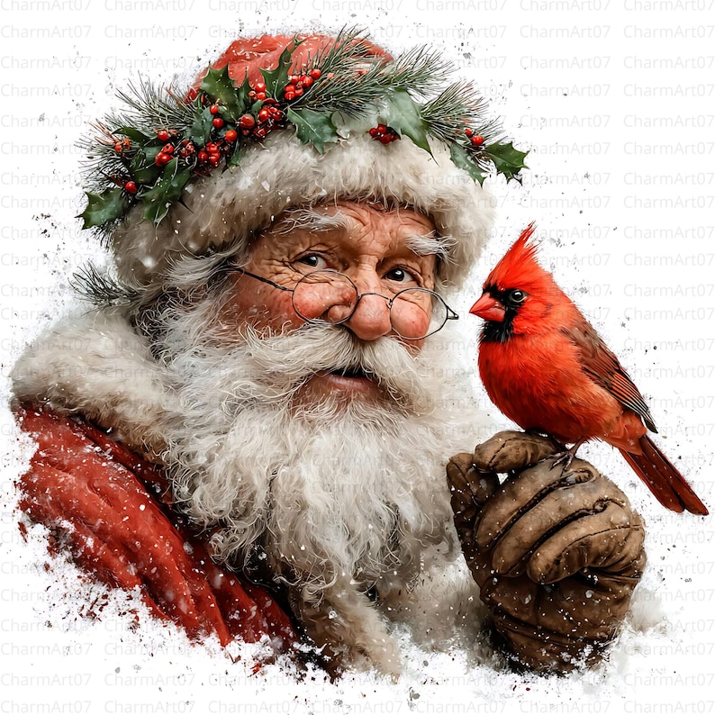Vintage Santa With Cardinal Clipart Bundle: High-res JPG (digital ...