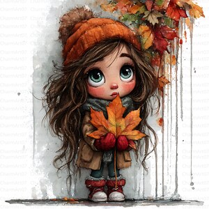 Autumn Girl Clipart, Watercolor Fall Leaves, Whimsical Ephemera (jpgs ...