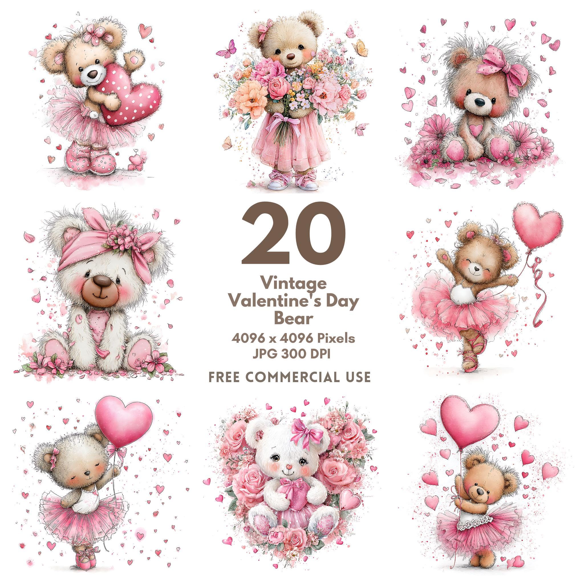 20 Watercolor Valentine Teddy Bear Clipart, Soft Pastel Love Bears ...