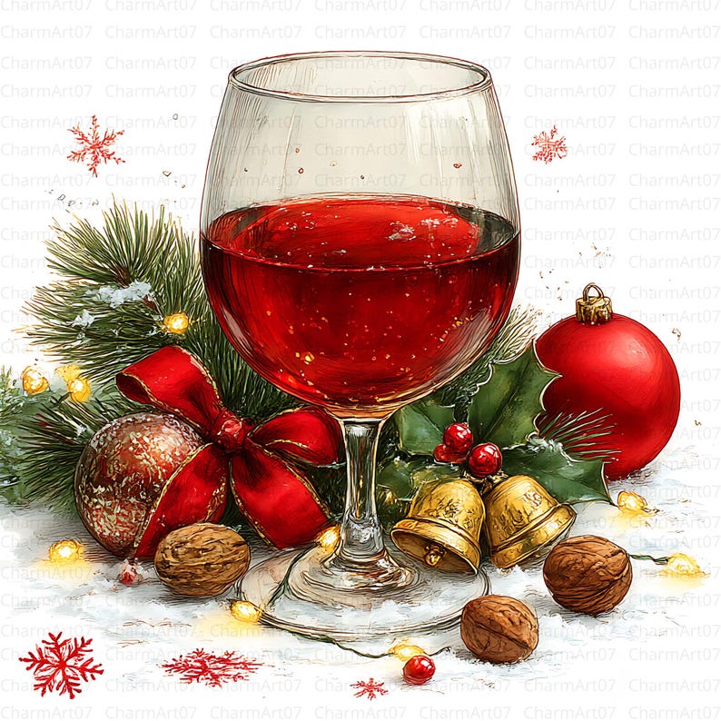 Christmas Wine Clipart, Festive Watercolor Art (JPG) - Etsy