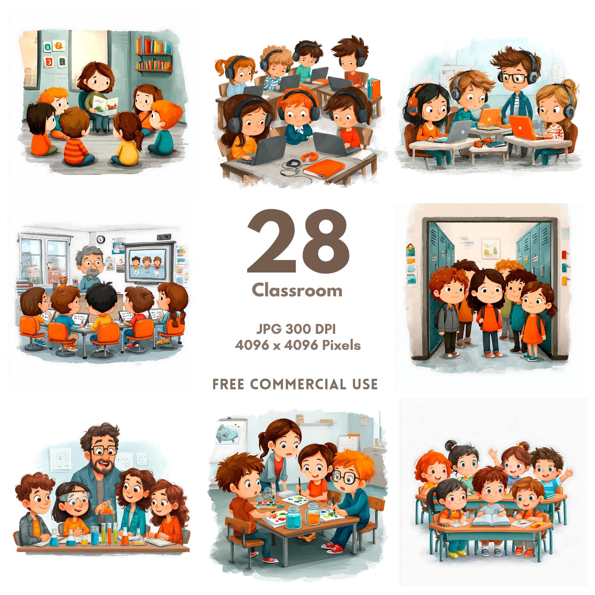 Watercolor Classroom Clipart Bundle: Teacher Student Illustrations ...