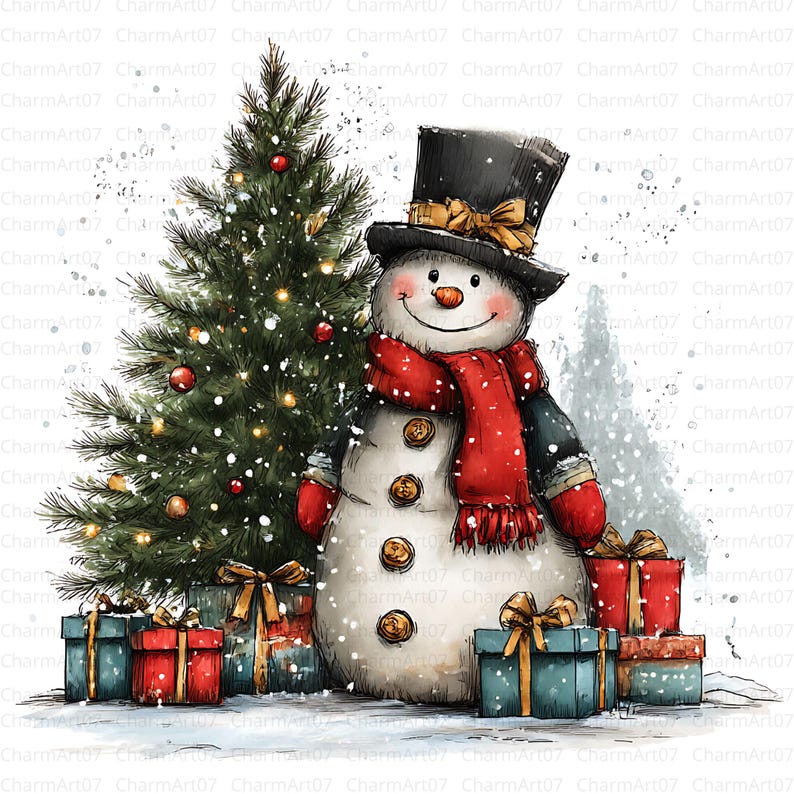 Vintage Watercolor Snowman Clipart, Christmas Card Art (JPG) - Etsy
