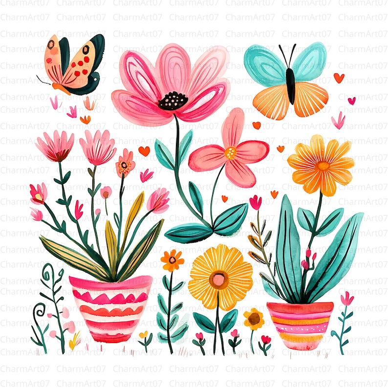 20 Cute Whimsical Flower Clipart, Row of Flowers Clipart, High Res JPG ...
