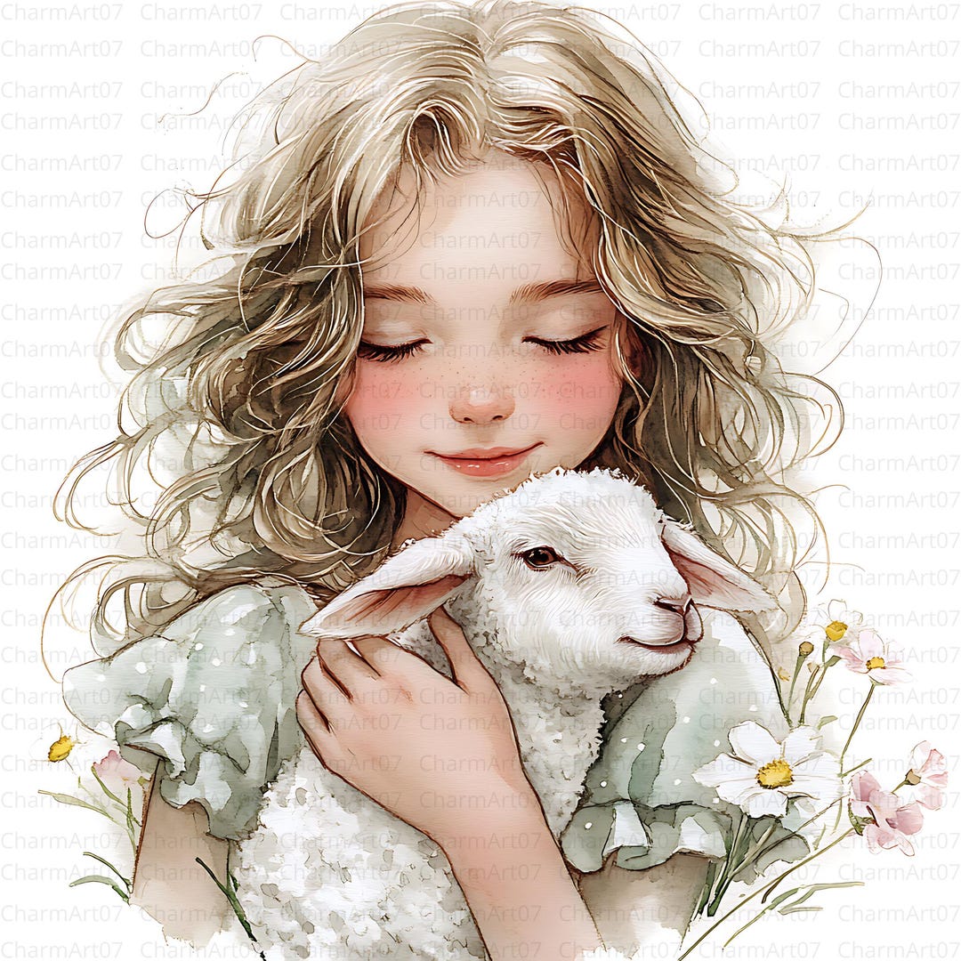 16 Cute Girl With Sheep, Lamb Watercolor High Quality JPG, Printable ...