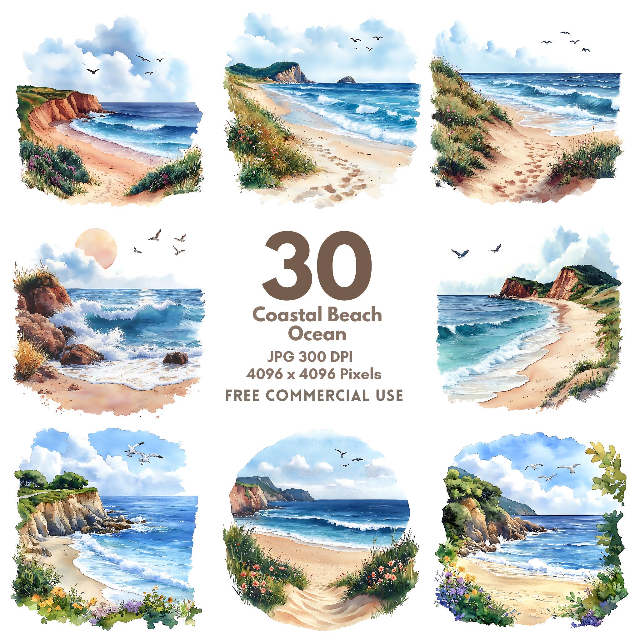 30 Coastal Beach Ocean Clipart, Sea Clipart, Printable Watercolor, High ...