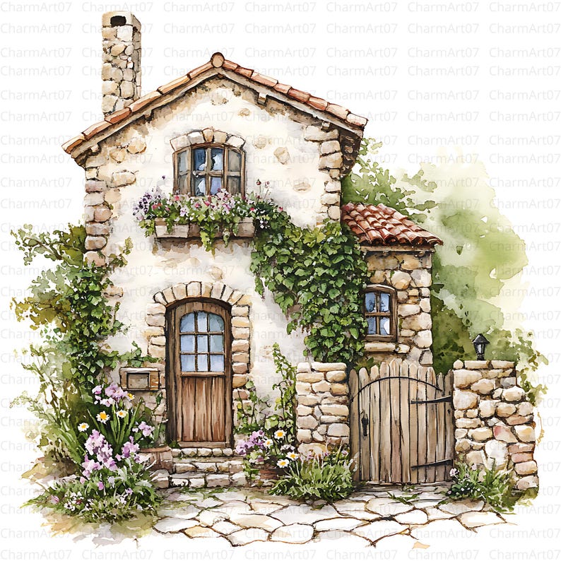 Watercolor Stone Cottage Clipart, 12 High Quality Jpgs, Watercolor Art ...