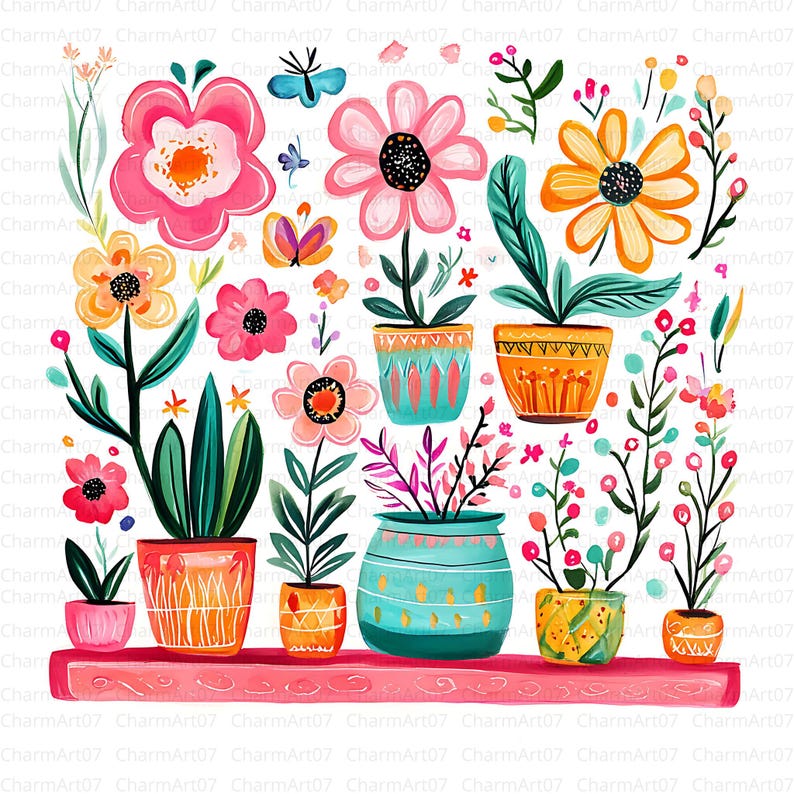 20 Cute Whimsical Flower Clipart, Row of Flowers Clipart, High Res JPG ...