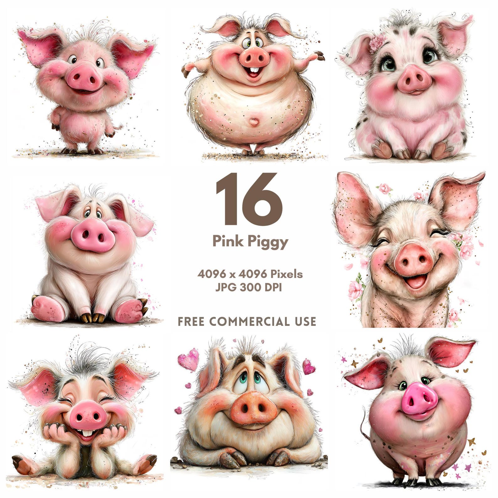 16 Funny Whimsical Piggy Clip Art, Quirky Pig With Flower Clipart, JPG ...
