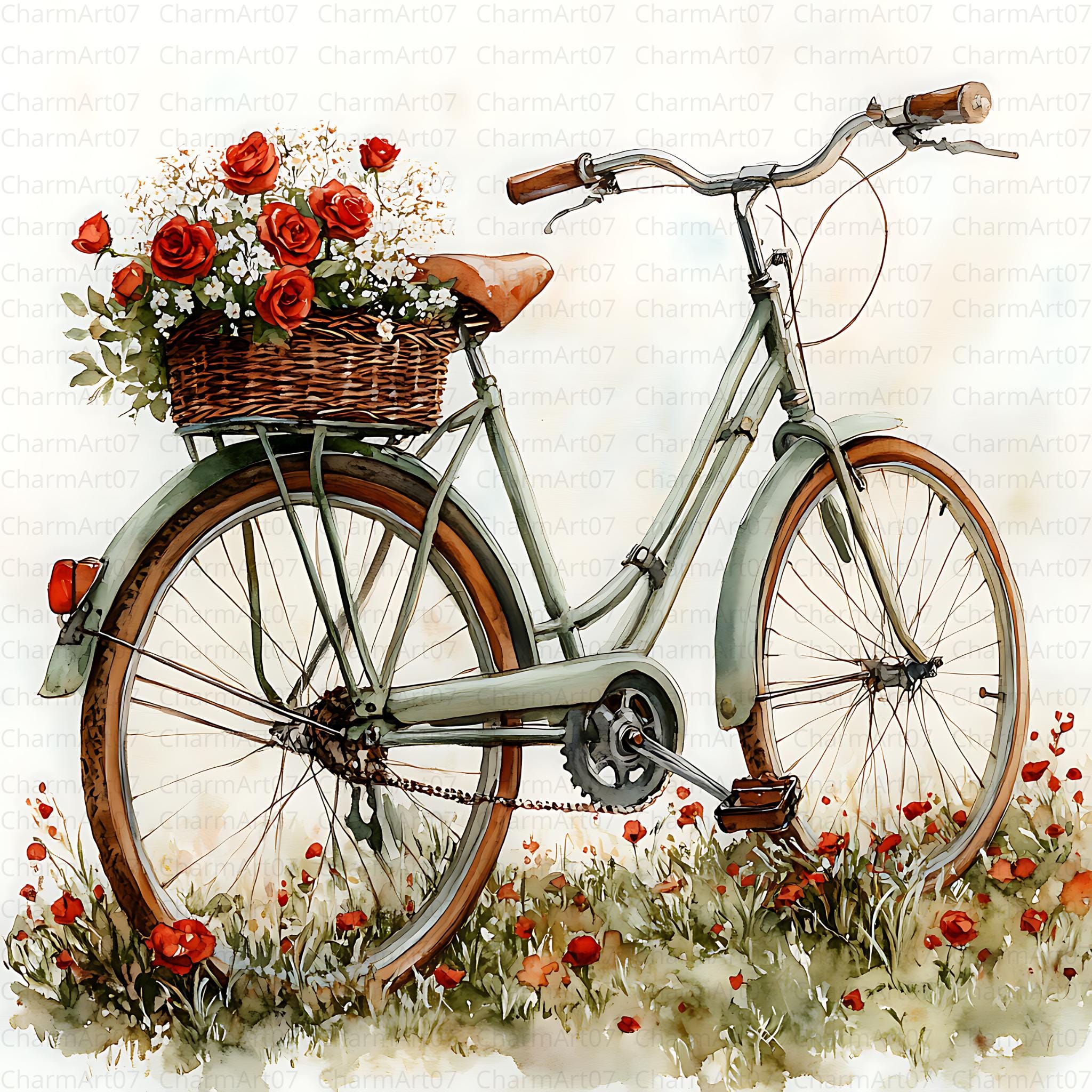 18 Vintage Floral Bicycle Clipart, Floral Bicycle, Printable Watercolor ...