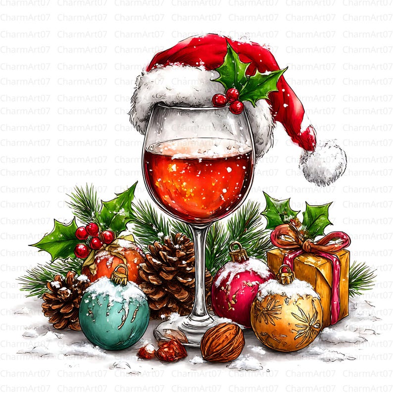 Christmas Wine Clipart, Festive Watercolor Art (JPG) - Etsy