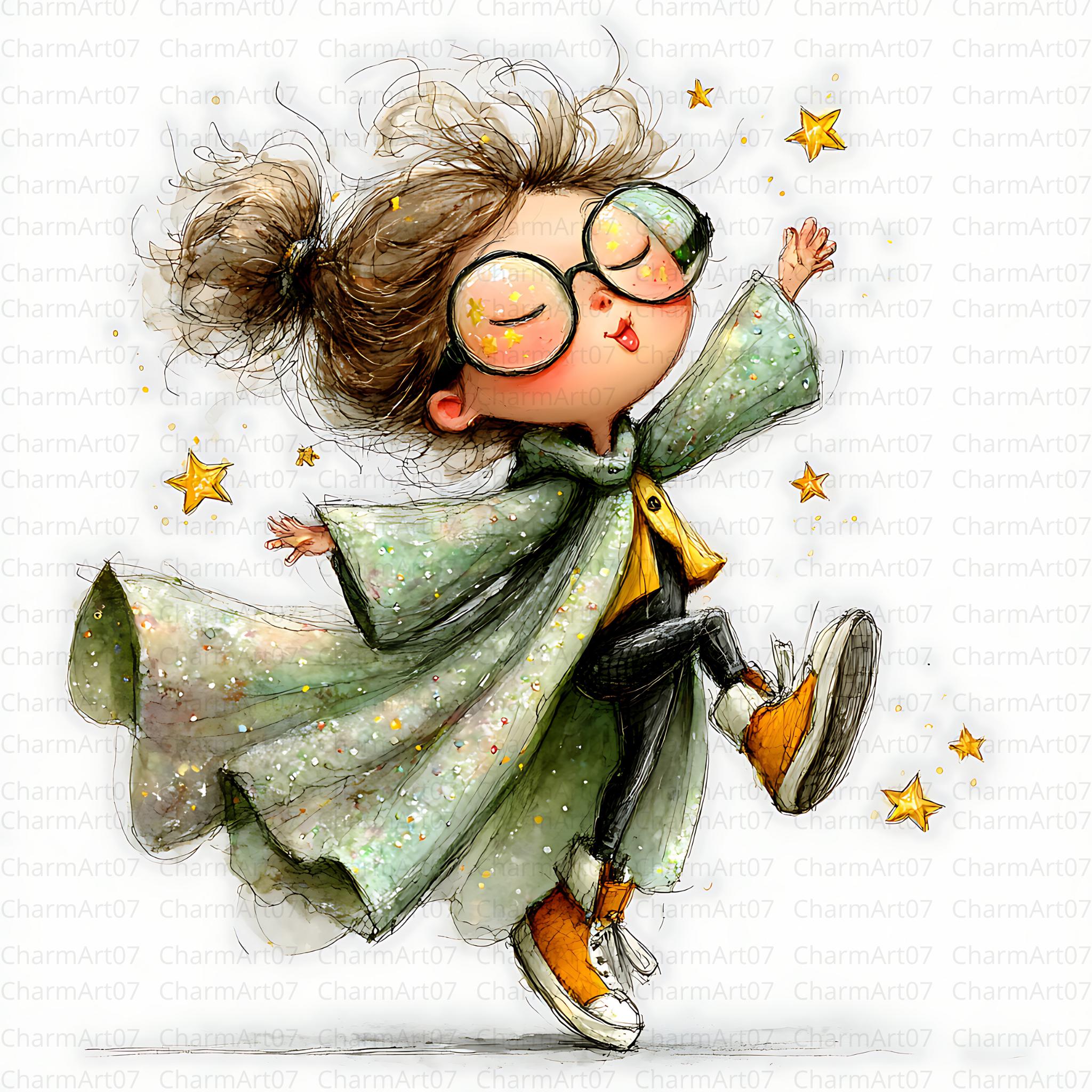 Whimsical Girl Clipart: Watercolor Illustration, Journal Embellishment ...
