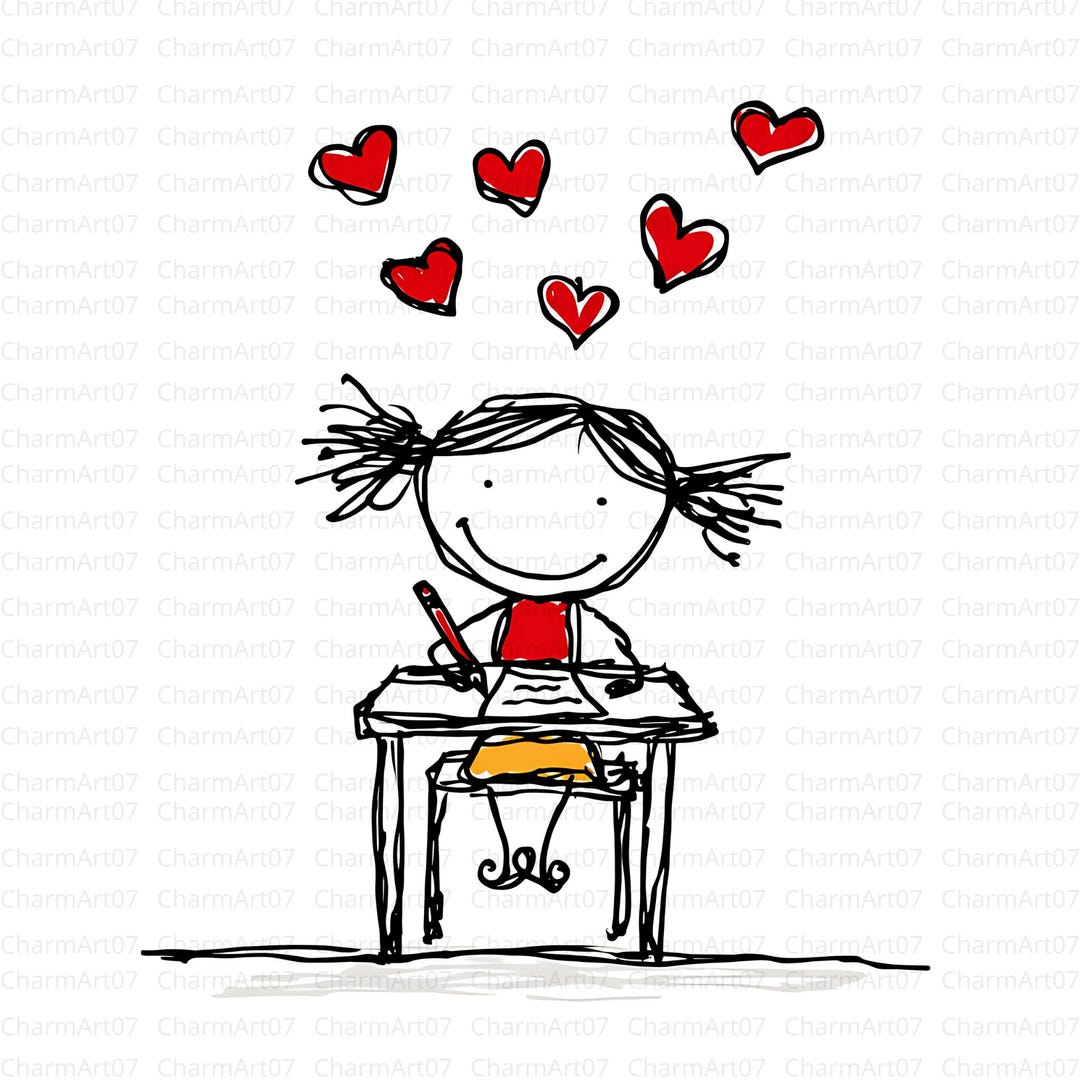 70 Valentine's Day Scribbles Clipart: Love Heart Girl Line Art (digital ...