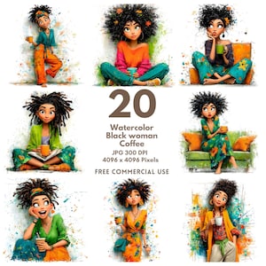 Watercolor Black Woman Coffee Clipart Bundle: Boho Art (JPG Digital ...