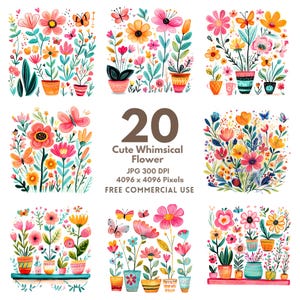 20 Cute Whimsical Flower Clipart, Row of Flowers Clipart, High Res JPG ...