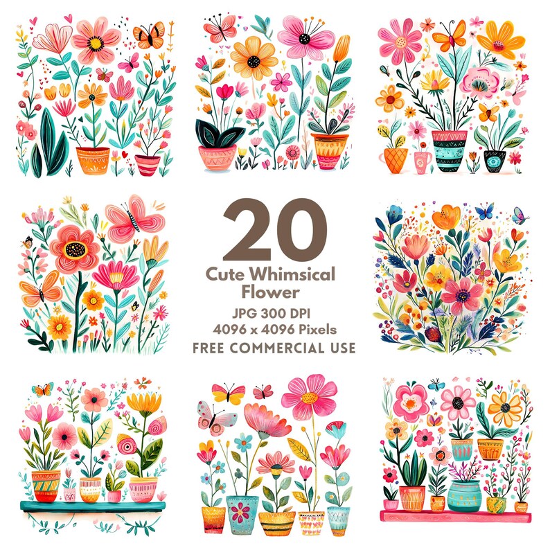 20 Cute Whimsical Flower Clipart, Row of Flowers Clipart, High Res JPG ...