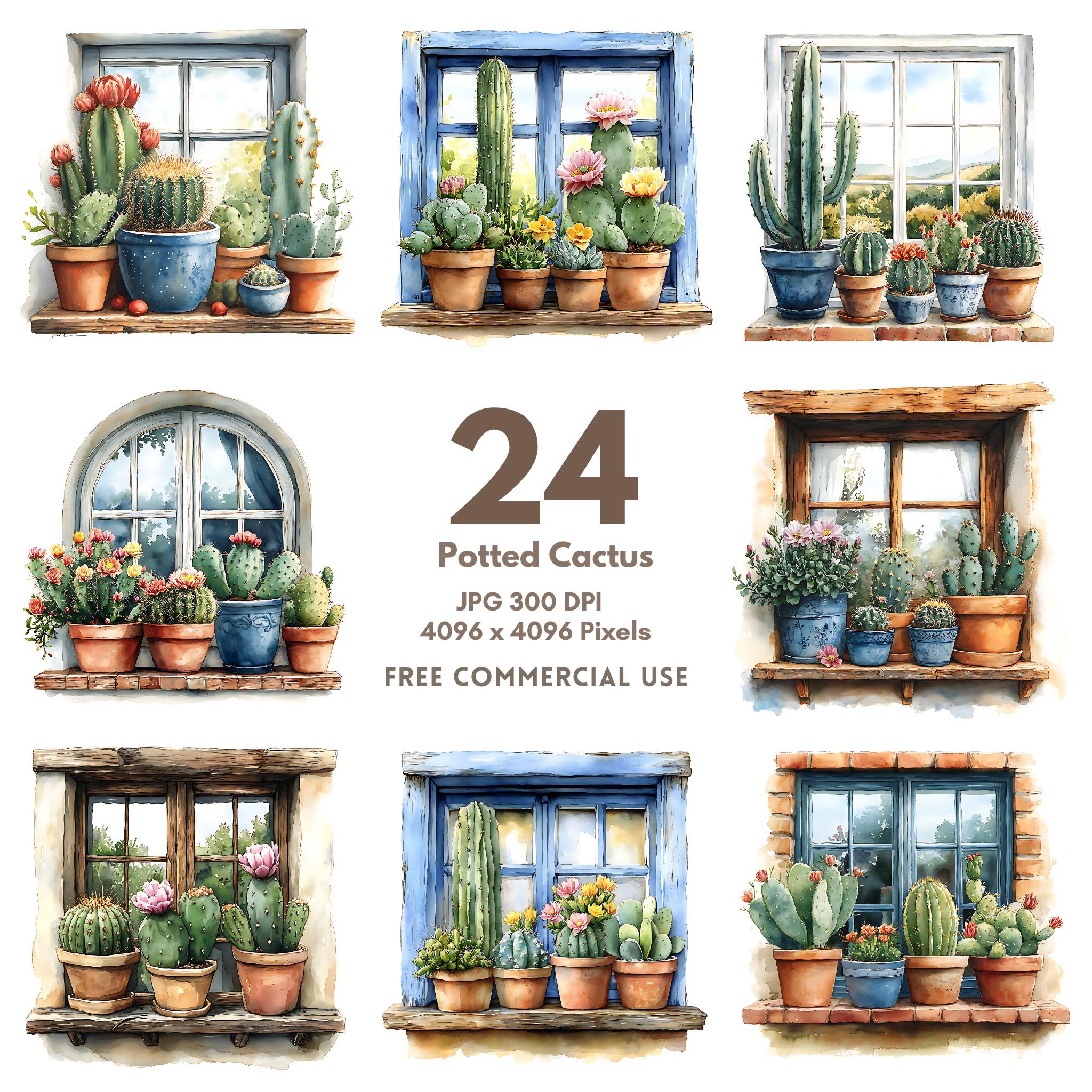 24 Potted Cactus Clipart , Flowerpots Clipart, Watercolor Clipart, High ...