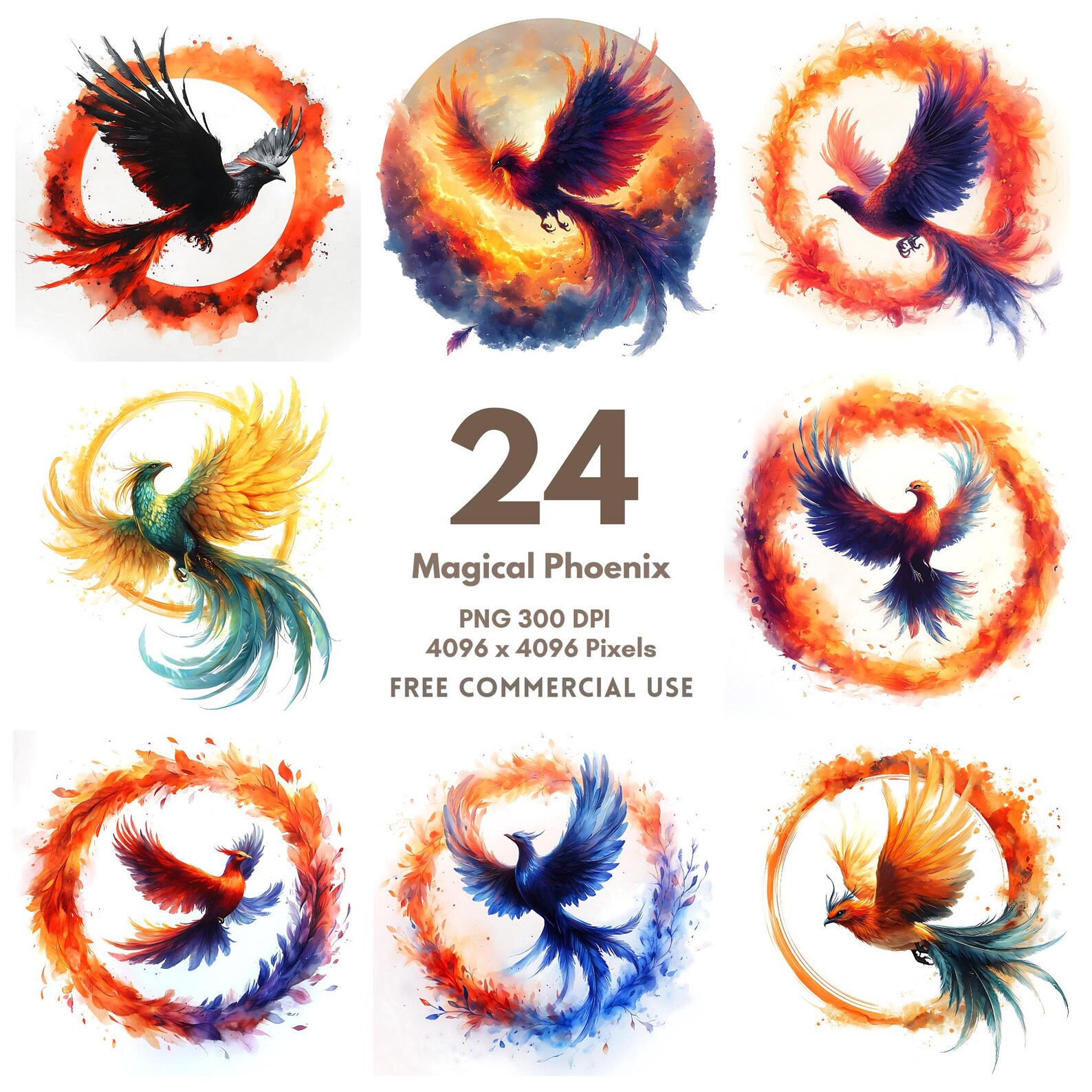Magical Phoenix Watercolor PNG Set, Mythical Phoenix 24 Clipart Bundle ...