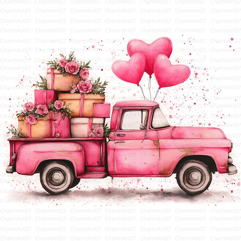 14 Valentine's Day Truck Clipart, Pink Vintage Truck, Valentine ...