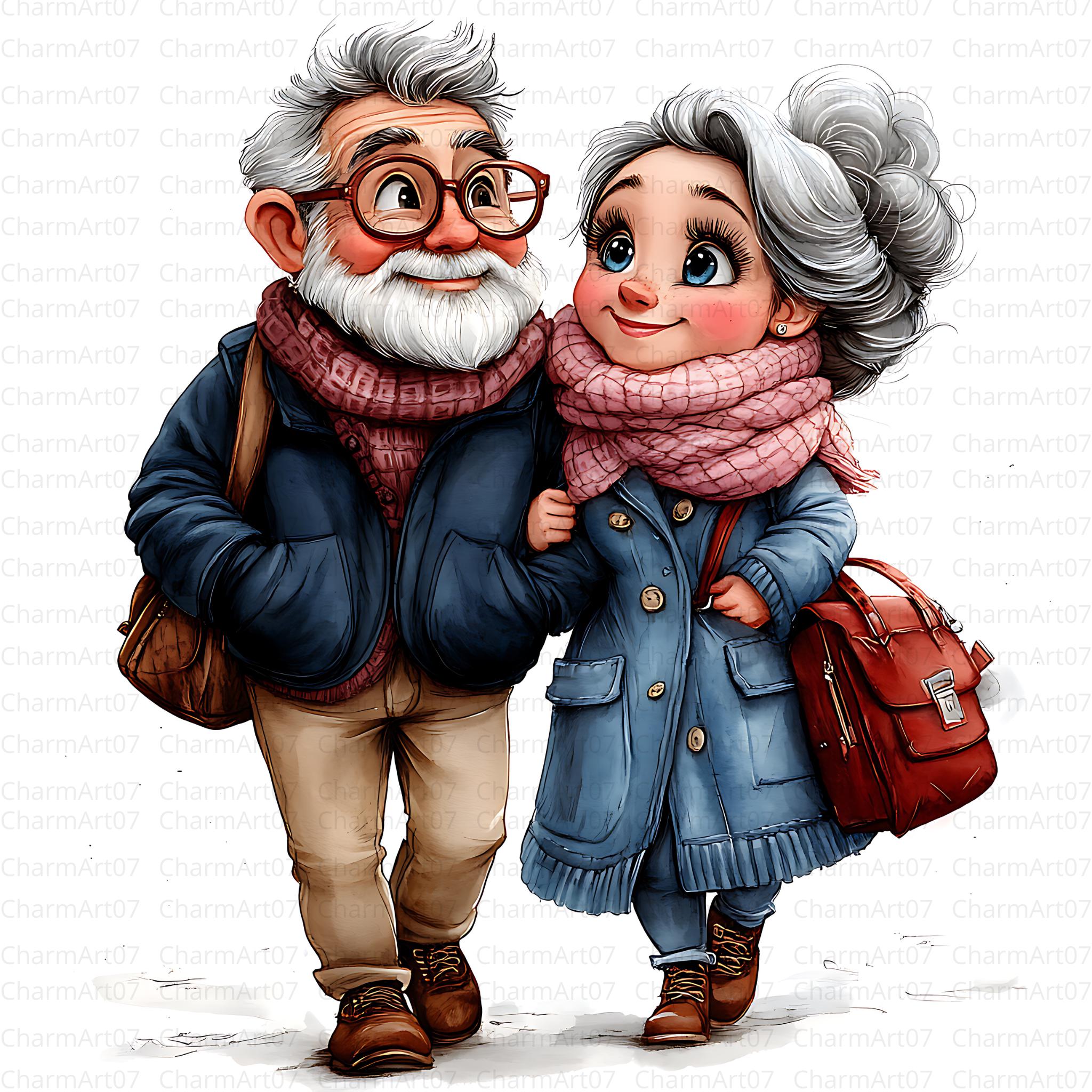 Funny Old Couple Clipart: Watercolor Anniversary Art (digital Download ...