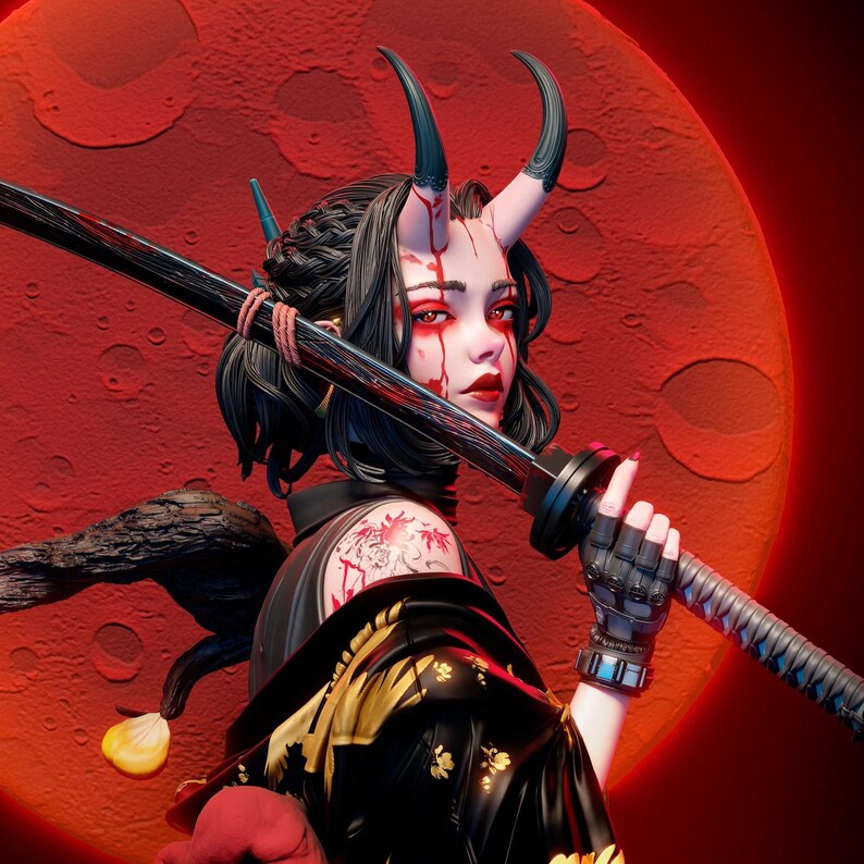 Oni Girl STL Model – High Quality 3D Printable Demon Horned Warrior ...