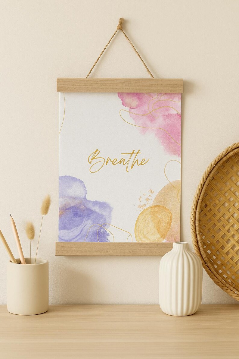 Breathe Quote Wall Art | Gold Script Printable | Pastel Watercolor ...