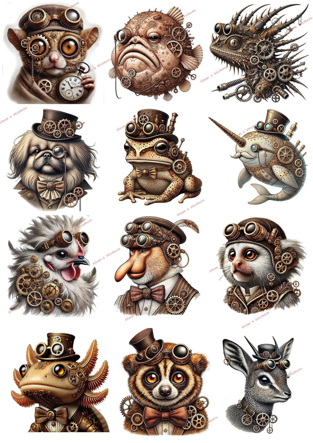 Steampunk Animal Stickers Digital Sheet to Download 12 Retro-futuristic ...