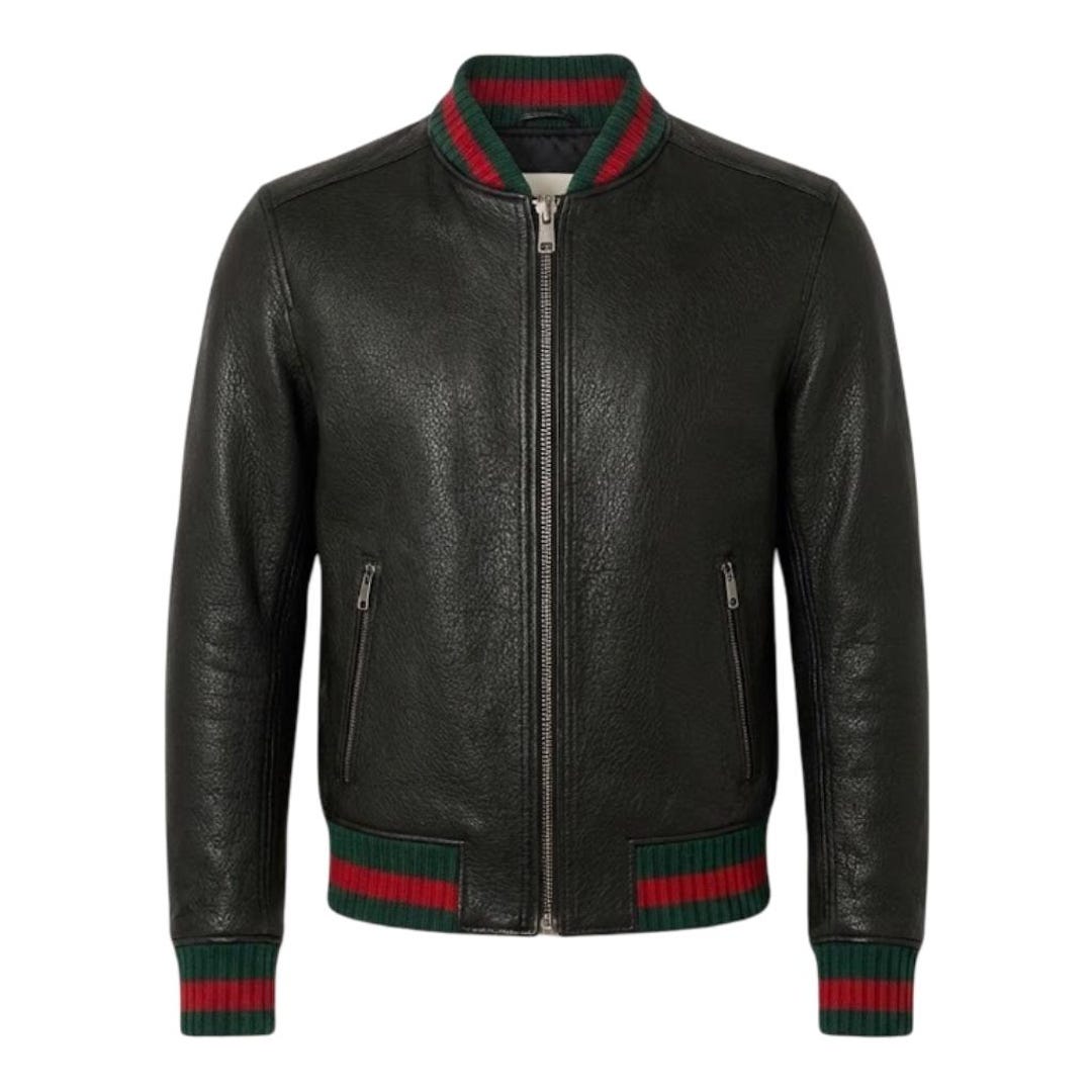 Men's Red Green Italian Color Stripes Black Textured Genuine Leather ...