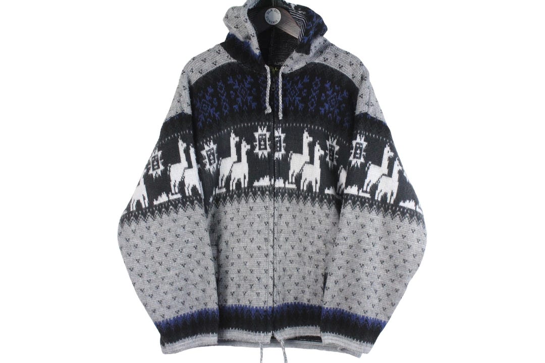 Vintage Tejidos Ruminahui Hoodie Cardigan Full Zip Sweater Size L Gray ...