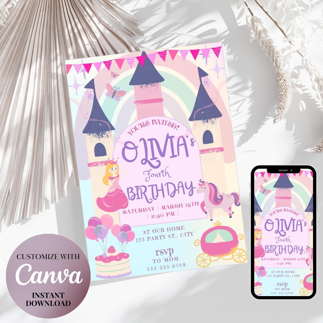 Pink Princess Birthday Invitation – Editable 4th Birthday Party ...