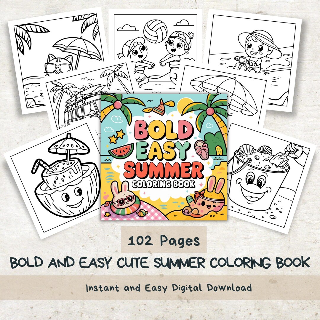 Bold and Easy Cute Summer Coloring Book | 102 Coloring Pages | Summer ...