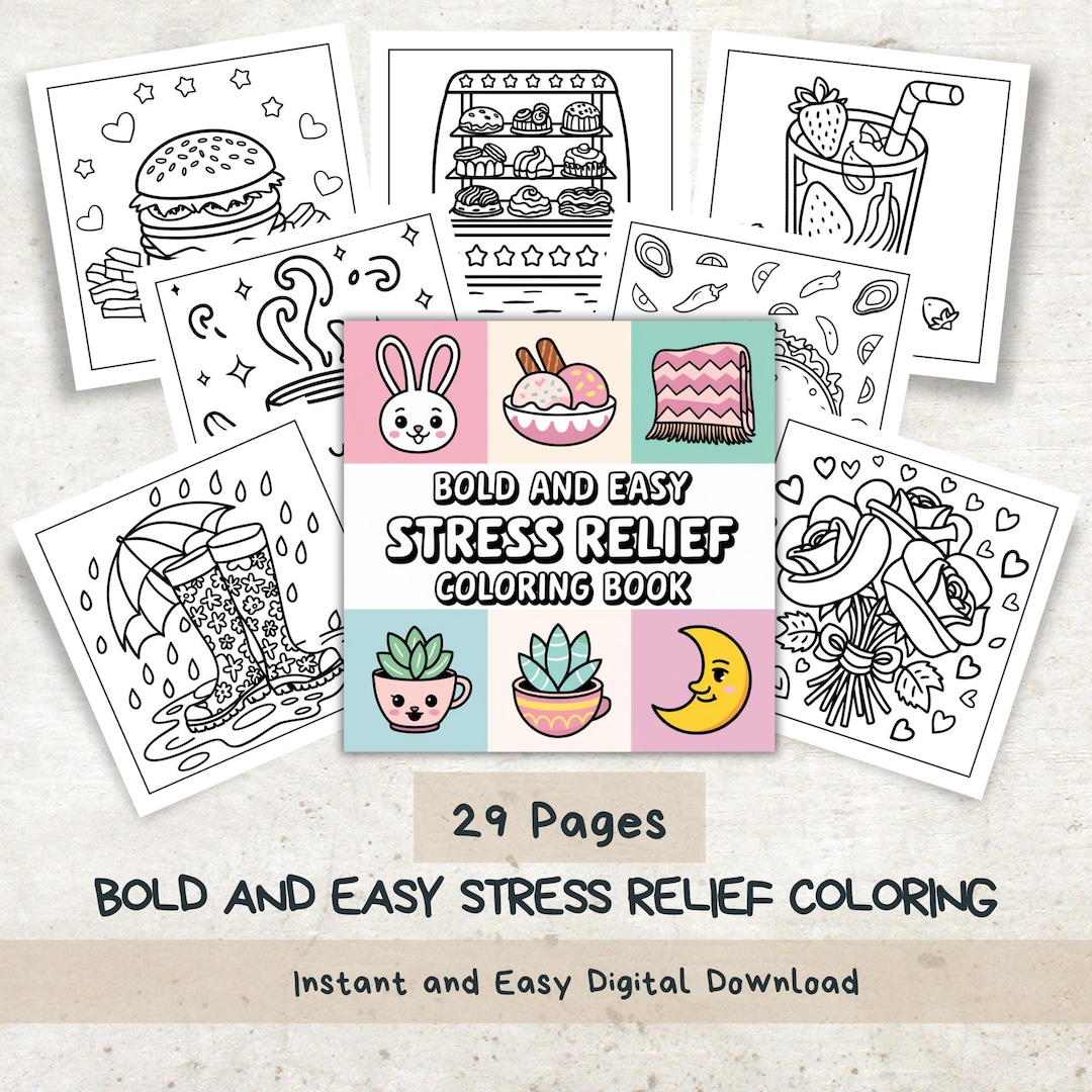 Bold and Easy Stress Relief Coloring Book | 29 Coloring Pages | Cute ...
