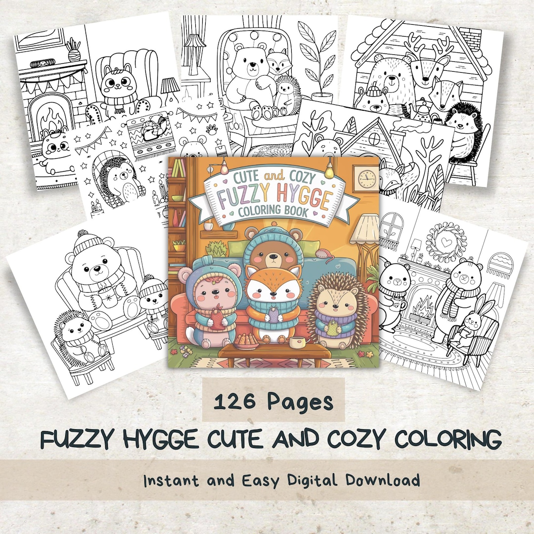 Fuzzy Hygge Coloring Book | 126 Coloring Pages | Cute and Cozy Coloring ...