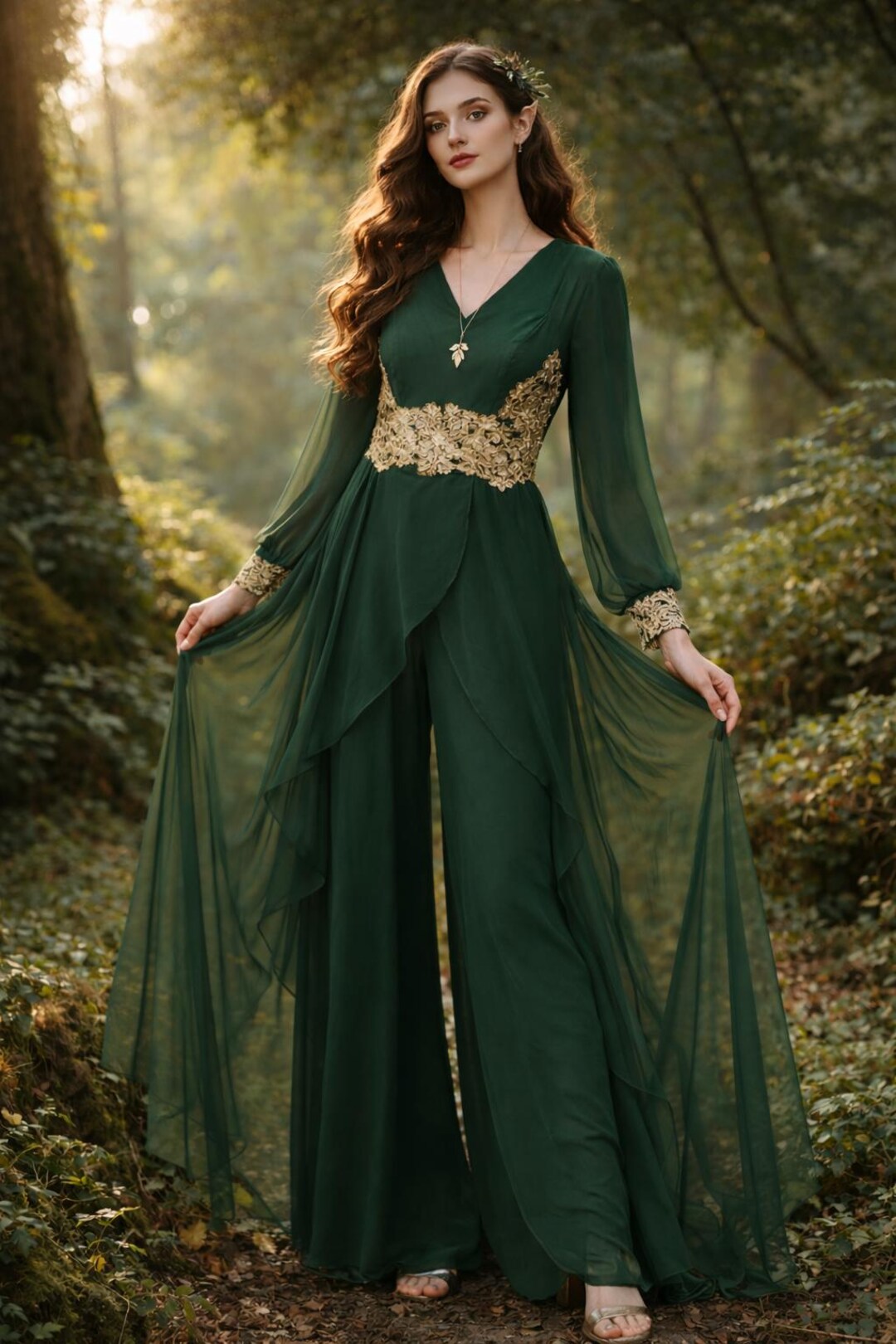 Elven Scholar Armor Outfit – Asymmetrical Green Pants Jumpsuit With ...