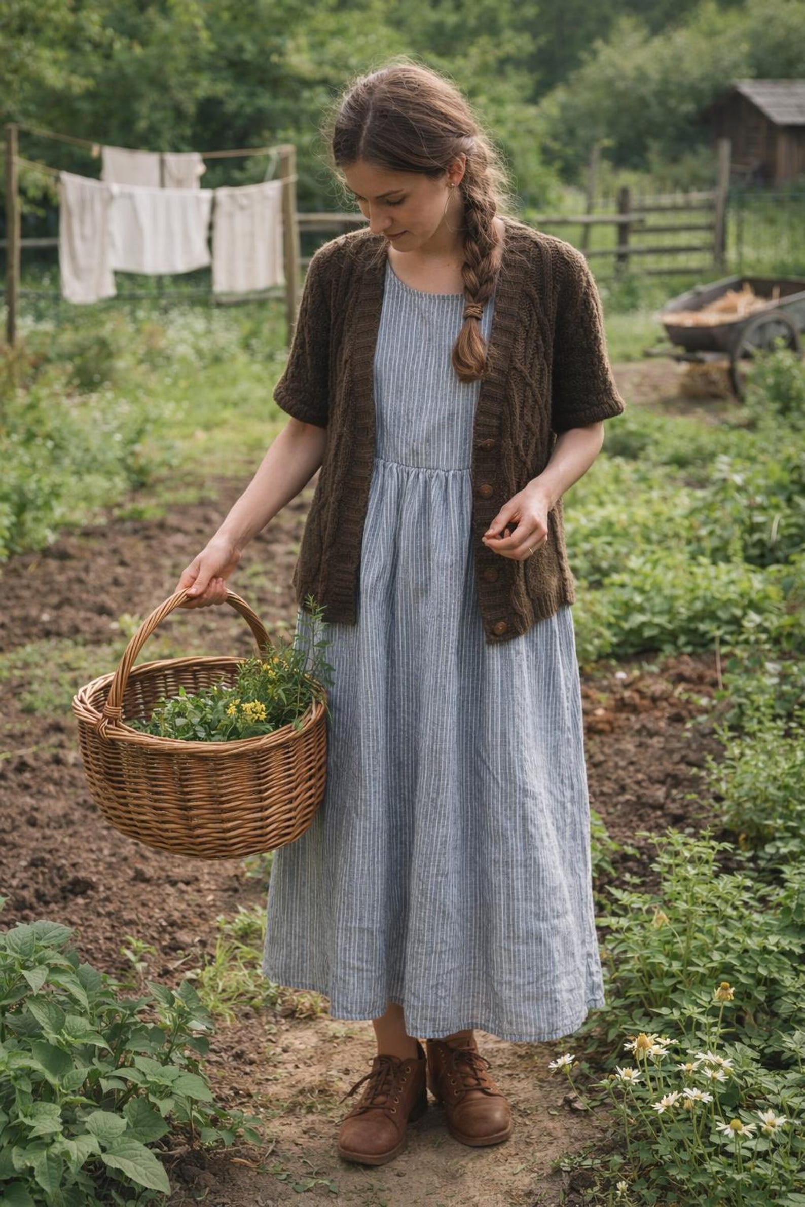 Hand-styled Cottagecore Work Dress | Blue Pinstripe Prairie Midi | Soft ...