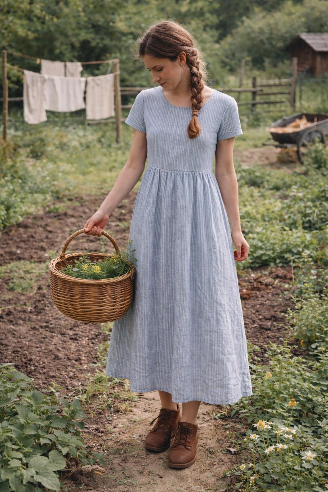 Hand-styled Cottagecore Work Dress | Blue Pinstripe Prairie Midi | Soft ...