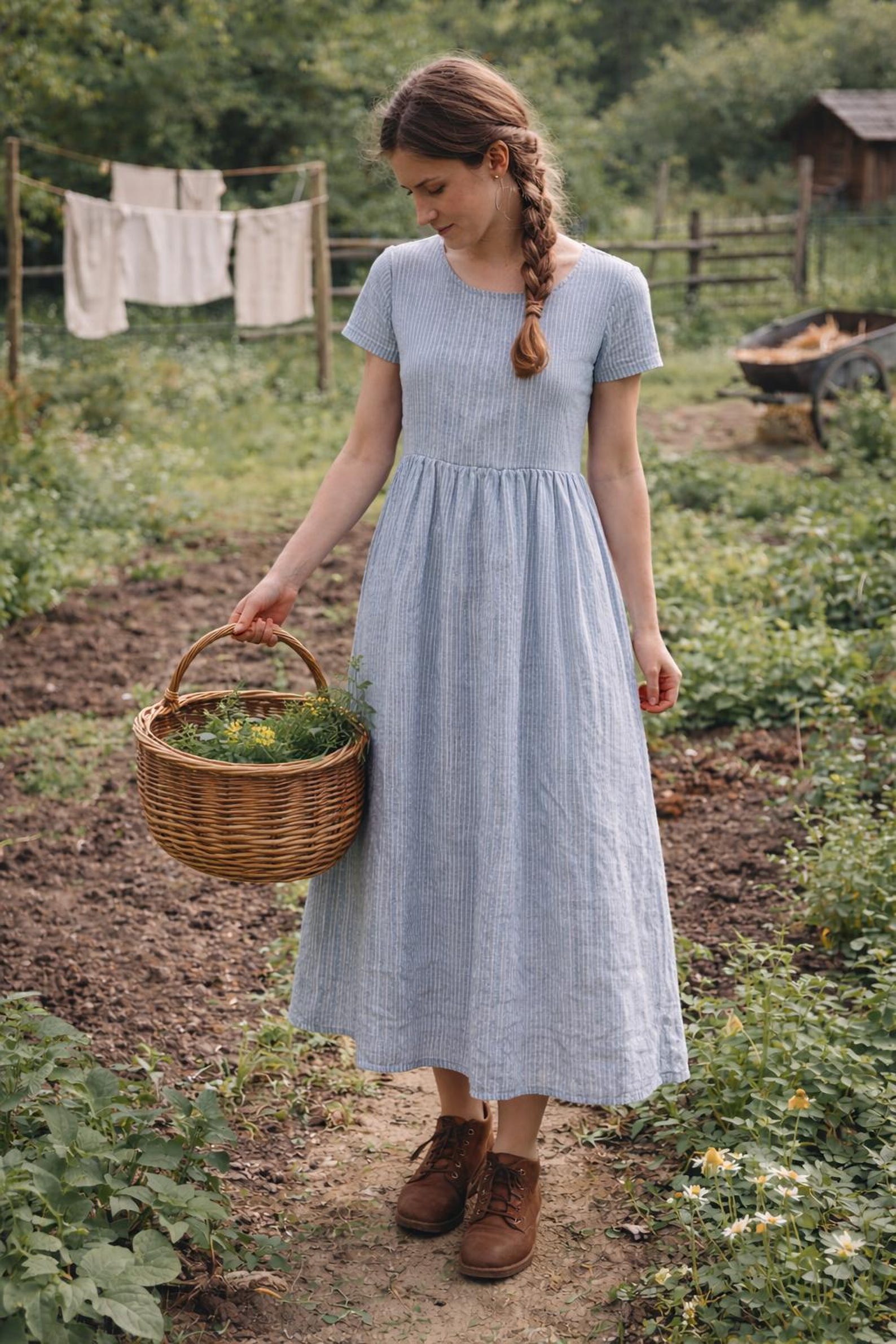 Hand-styled Cottagecore Work Dress | Blue Pinstripe Prairie Midi | Soft ...