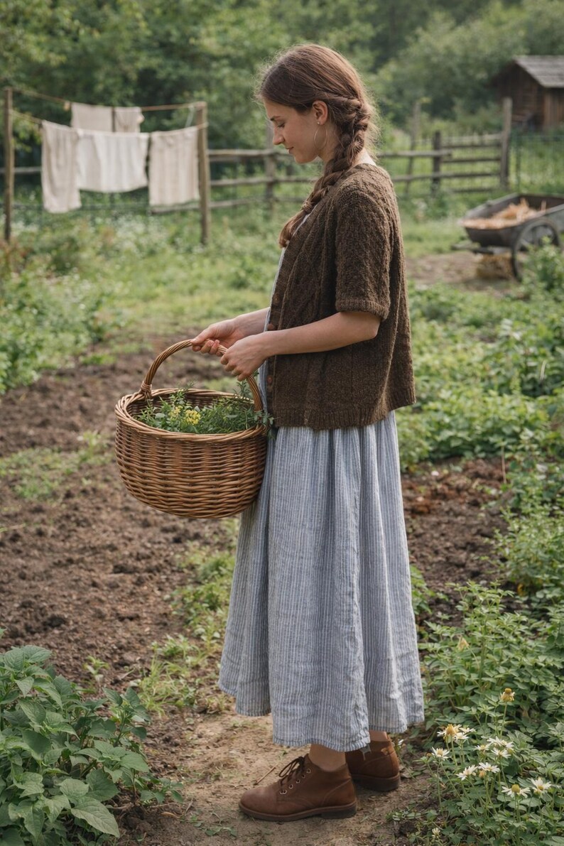 Hand-styled Cottagecore Work Dress | Blue Pinstripe Prairie Midi | Soft ...