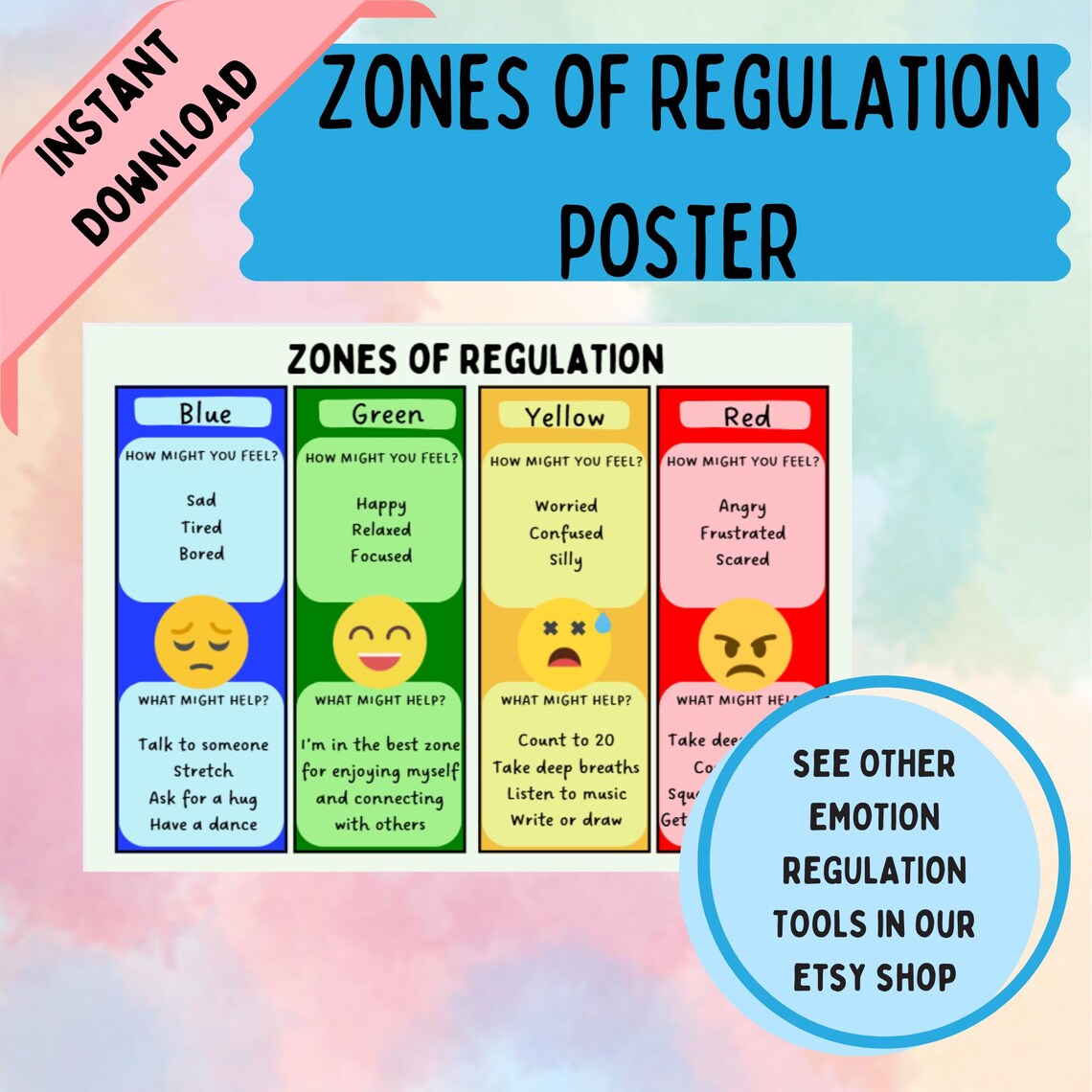 Zones of Regulation Poster for Kids – Printable Emotional Regulation ...
