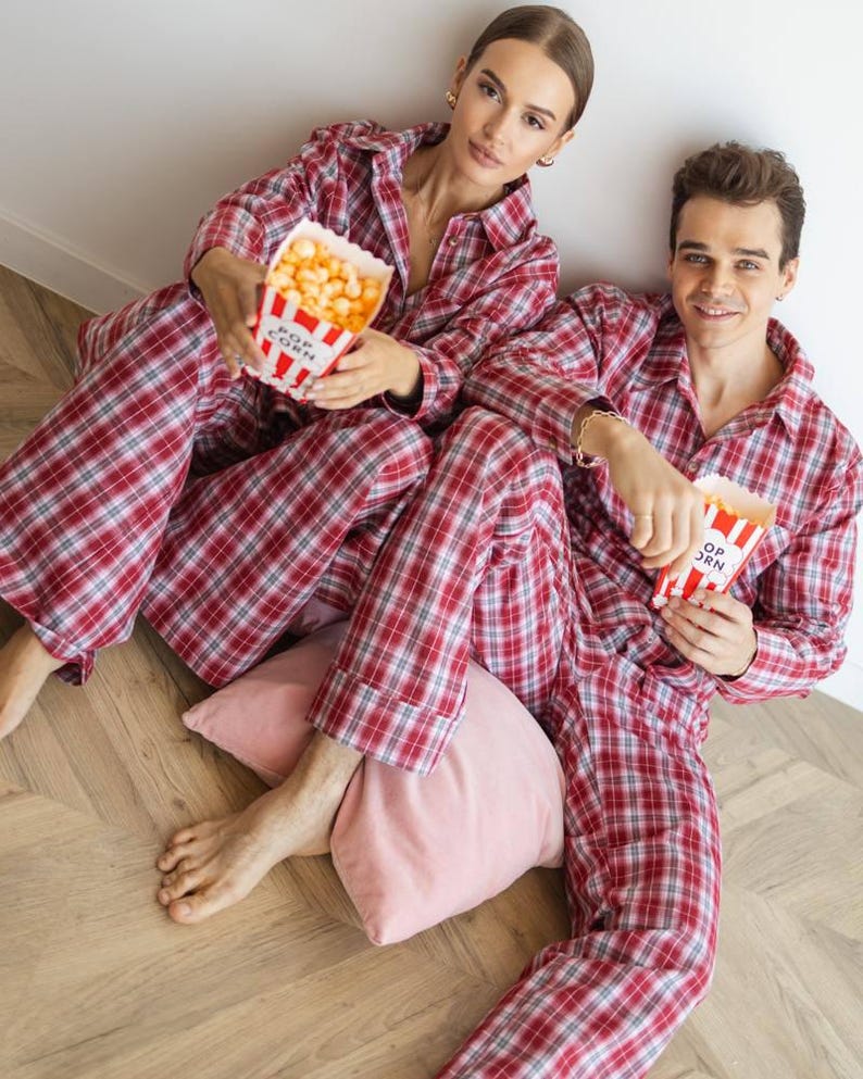 Cozy Plaid Couples Pajamas – Flannel Matching Pjs, Soft Loungewear Set ...