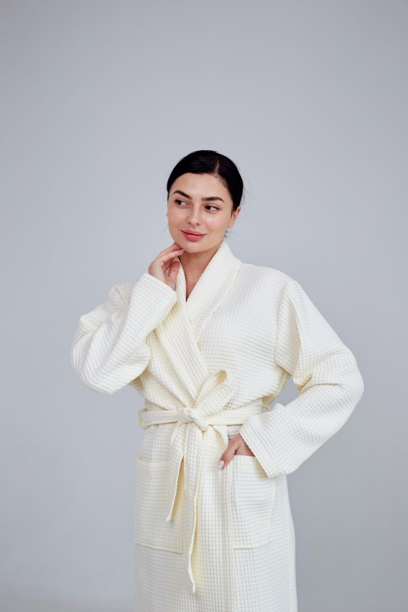 Luxury Vanilla Waffle Cotton Bathrobe, Unisex Kimono Robe, Lightweight ...