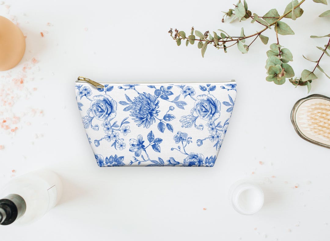 Blue Floral Chinoiserie Makeup Bag | Retro Flower Makeup Bag Organizer ...