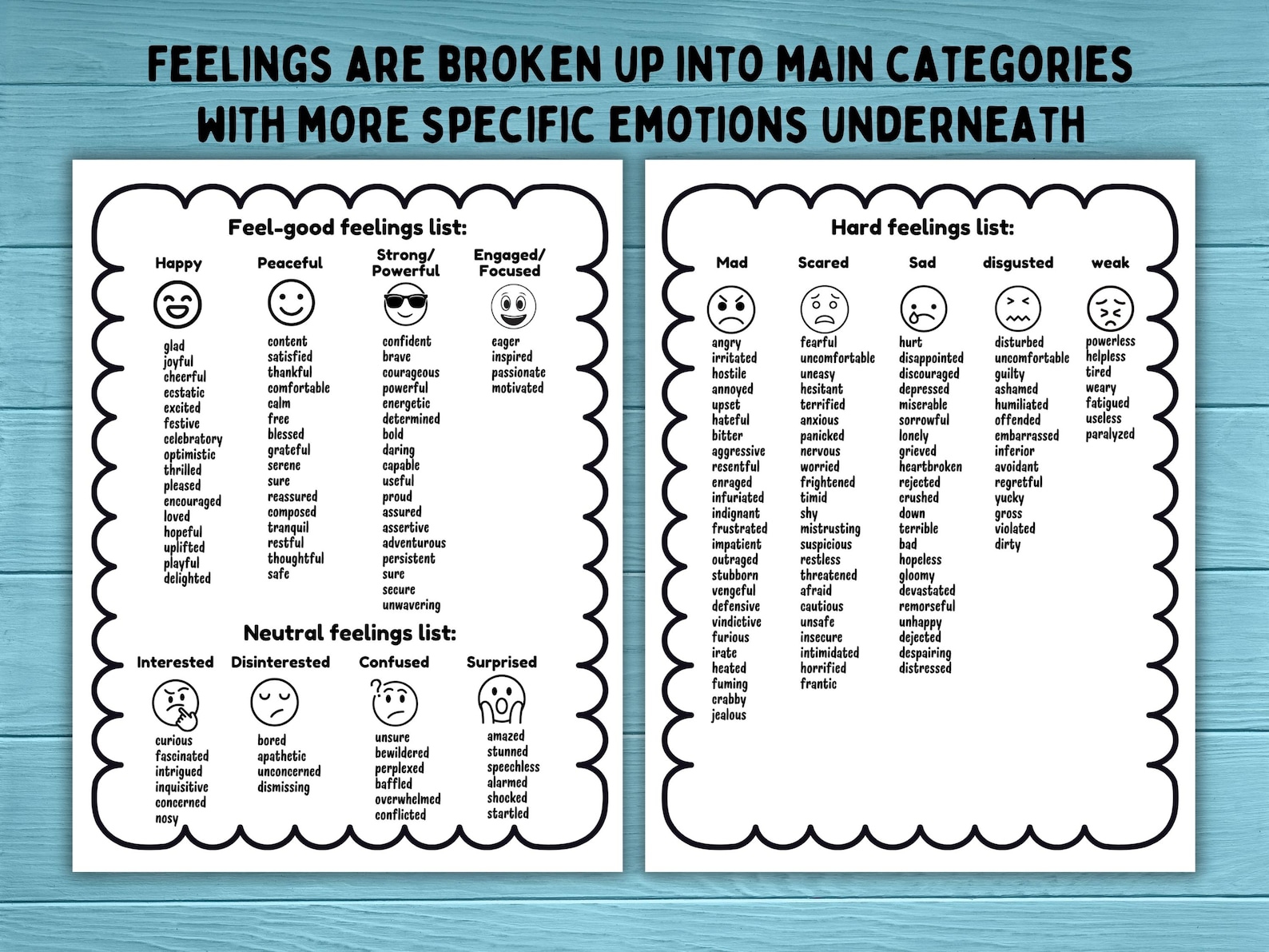 Feeling Vocabulary Handout: Lists of Emotions for Kids & Teens - Etsy