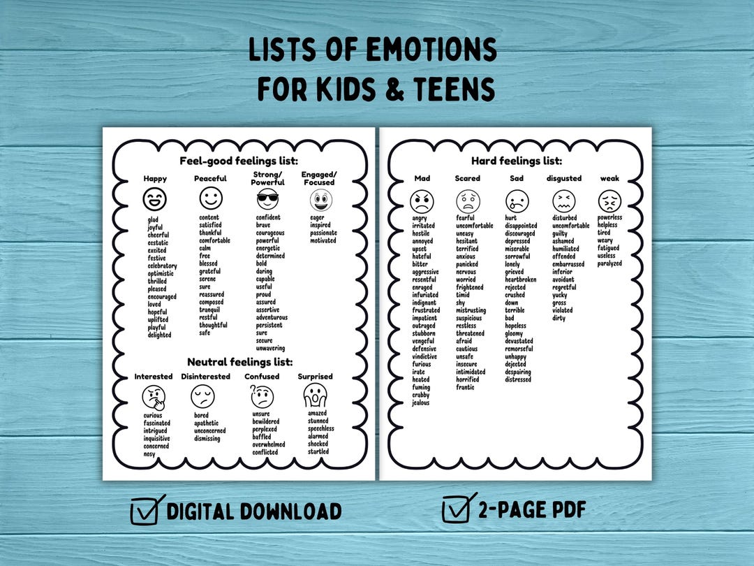 Feeling Vocabulary Handout: Lists of Emotions for Kids & Teens - Etsy