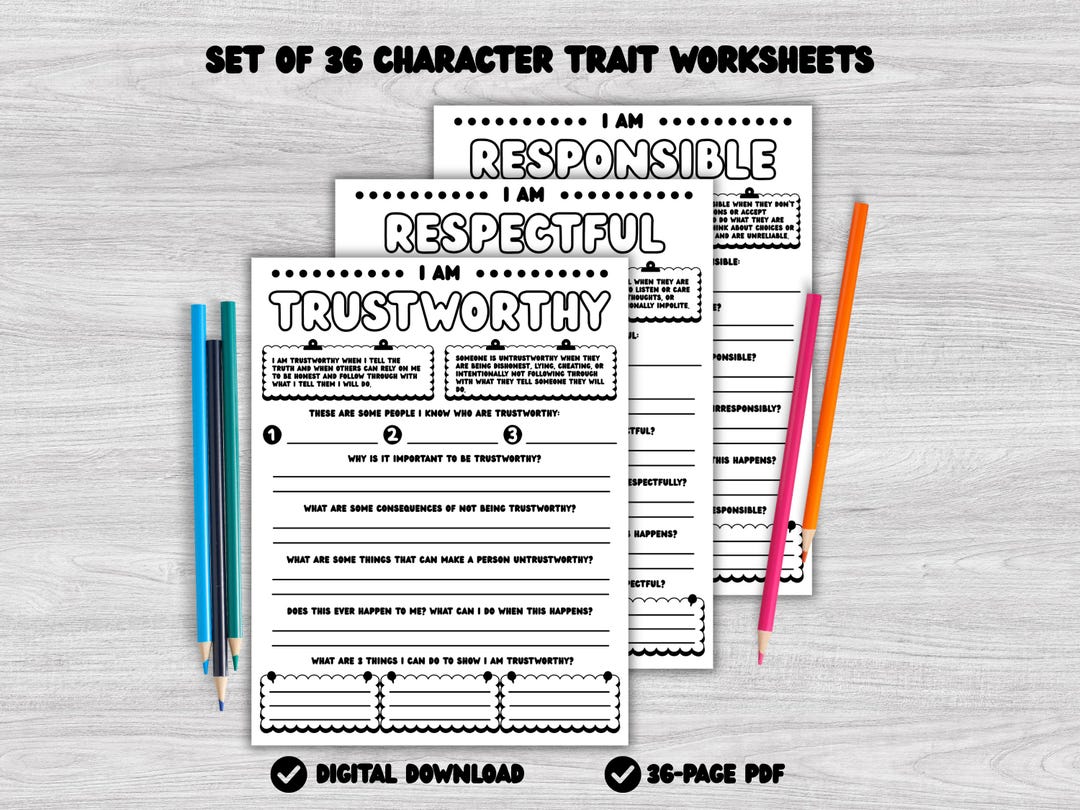 Character Education Resource: Set of 36 Character Trait Worksheets for ...