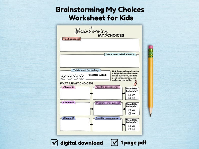 Brainstorming My Choices Worksheet for Kids: for Reflection, Self ...